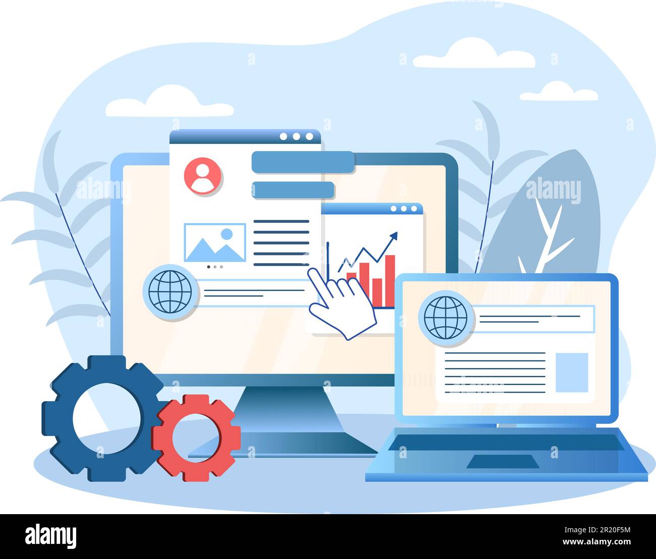 IT management illustration. Monitor, gear, hand, chart, arrow. Editable ...