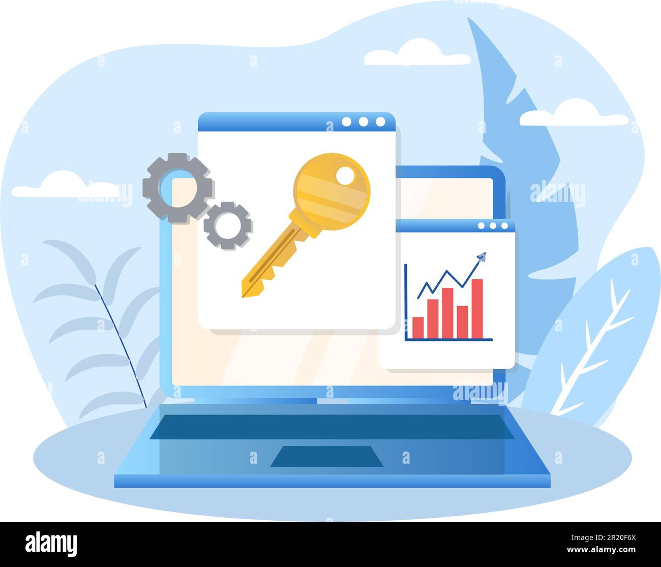 Key management illustration. Laptop, gear, screen, chart, arrow ...