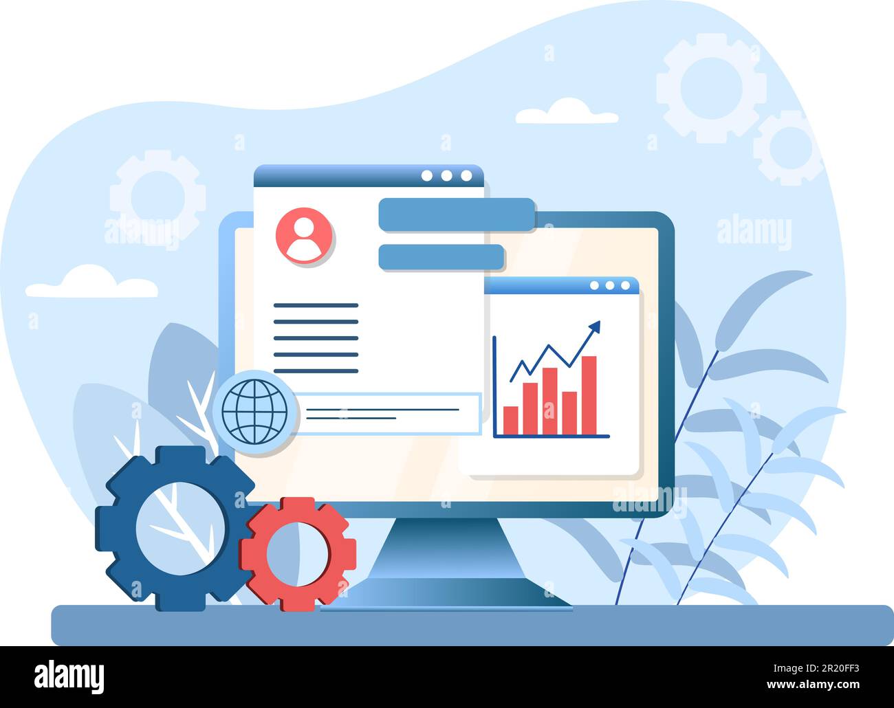 Account management illustration. Monitor, gear, page, chart, arrow ...