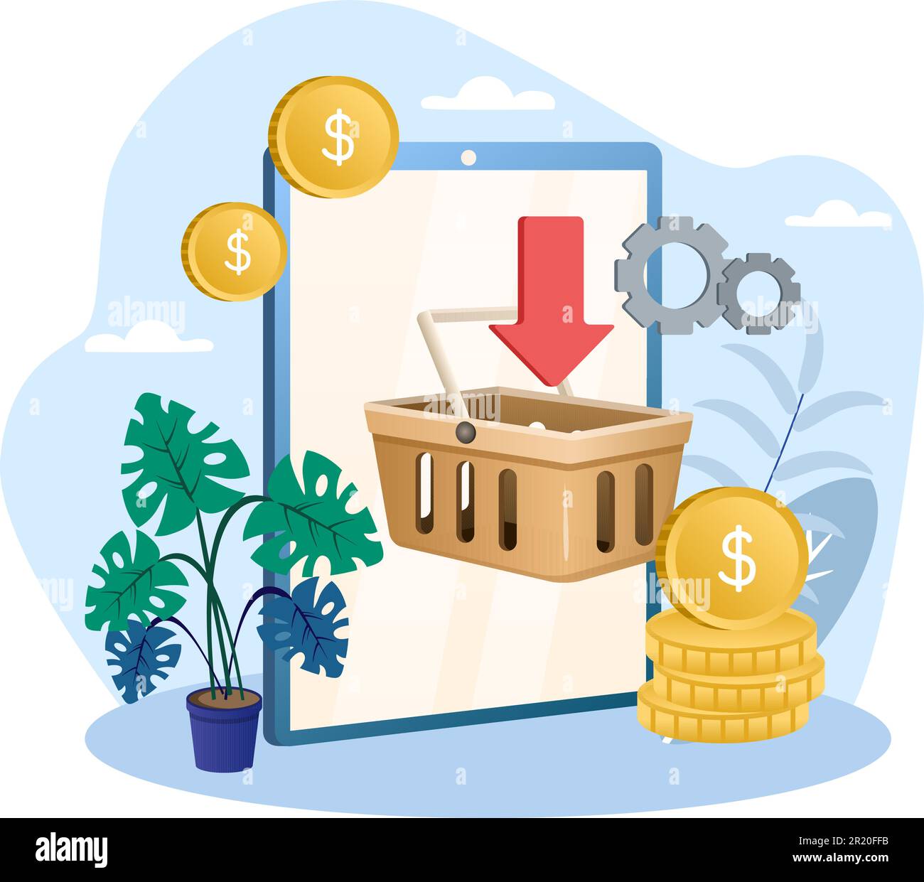 Purchasing Management Illustration Cart Gear Coin Plant Arrow Editable Vector Graphic