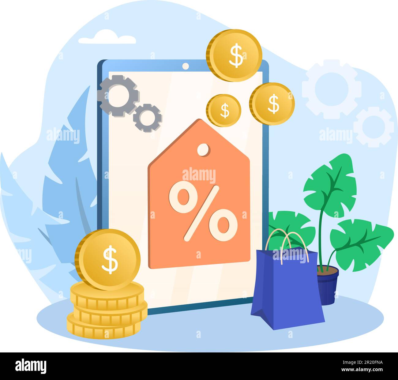 Sales management illustration. Label, gear, coin, bag, plant. Editable ...