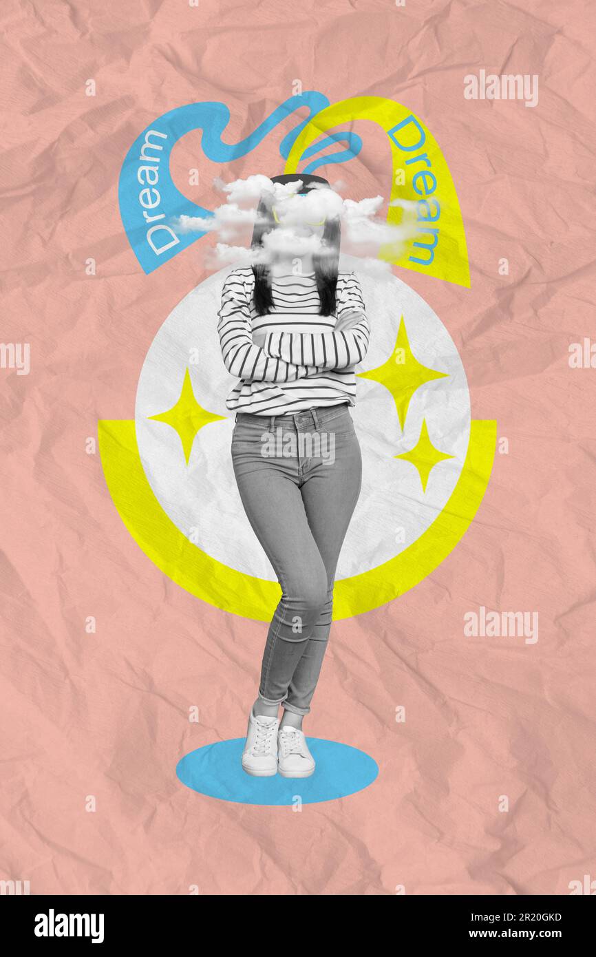 Vertical collage portrait of black white gamma girl folded arms clouds ...