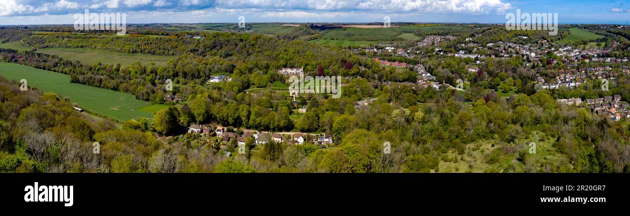 Low Altitude panoramic aerial view of the Alkham Valley, showing Russel ...