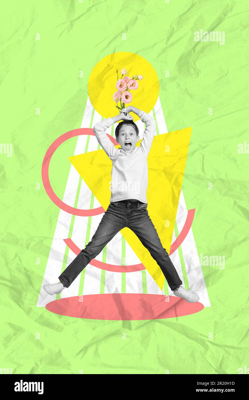 Magazine vivid template collage of excited kid girl prepare for spring ...