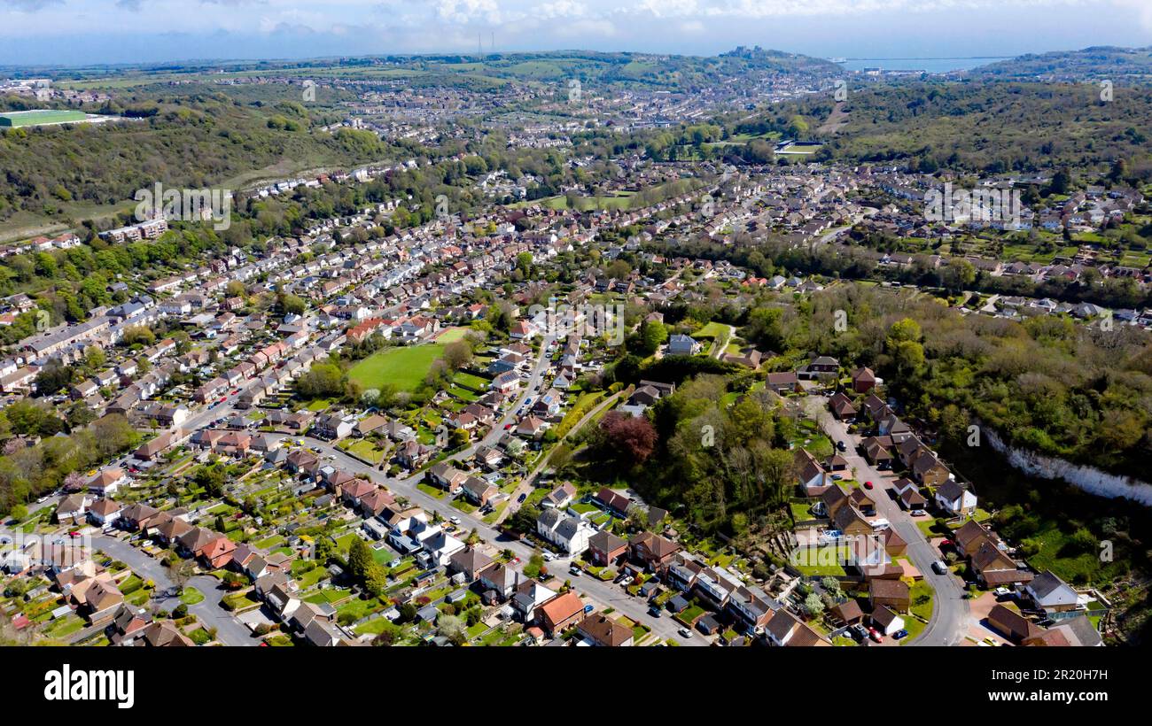 Aerial view taken from a drone, flying over Coxhill Mount, looking ...