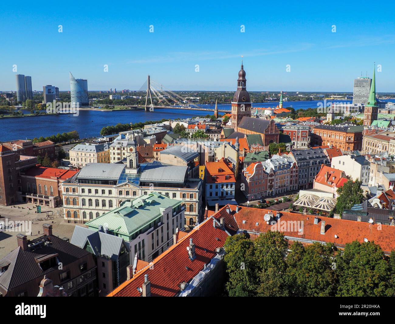 A majestic view of the Latvian capital city of Riga, with its centuries ...