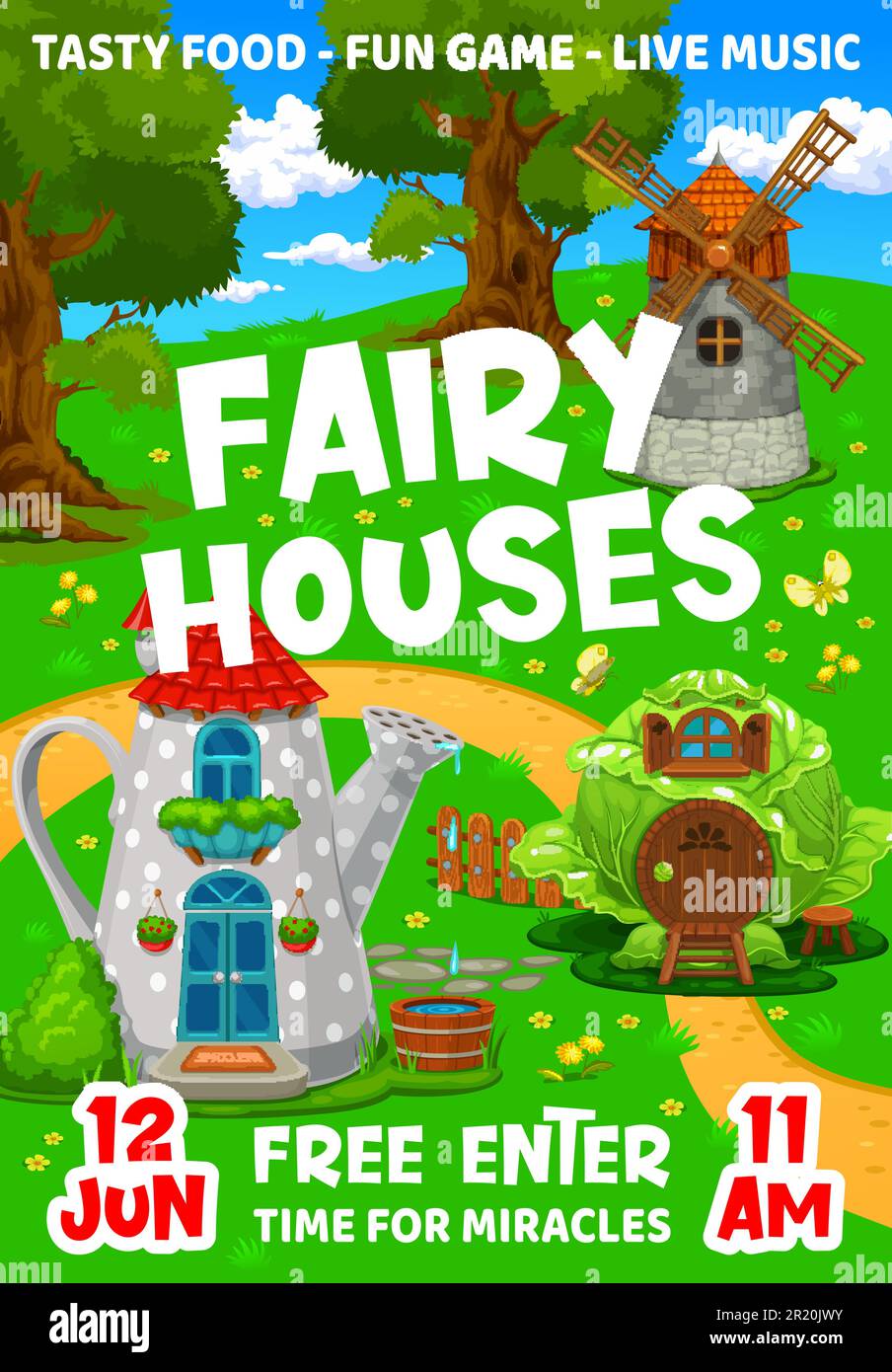 Fairytale party flyer, cartoon house buildings and house dwellings ...