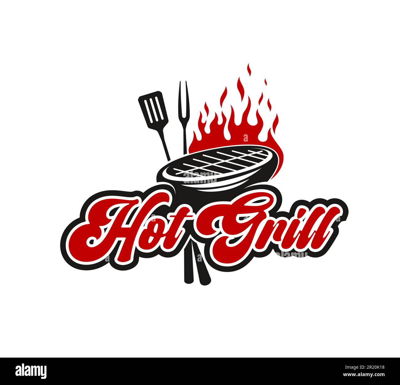 BBQ grill icon, hot fire and fork with spatula on steak grate, vector ...