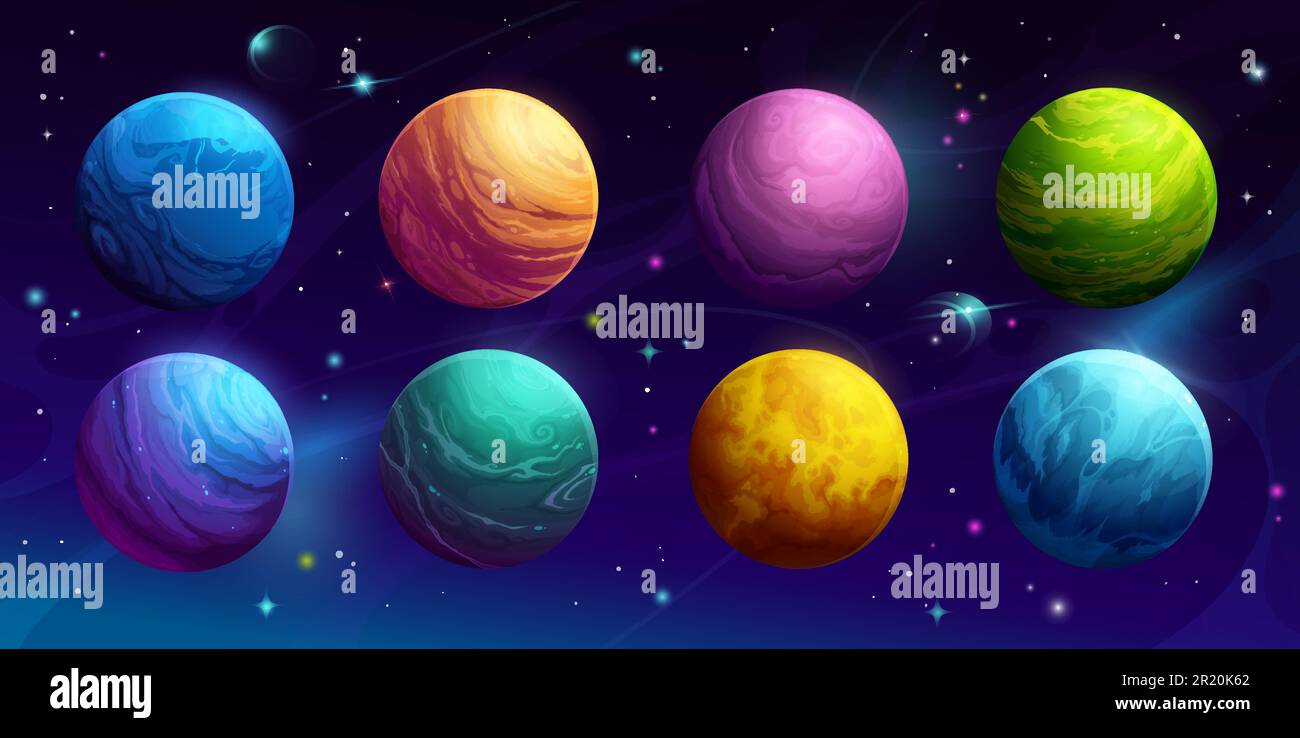 Cartoon space planets in galaxy sky or fantasy alien worlds, vector ...
