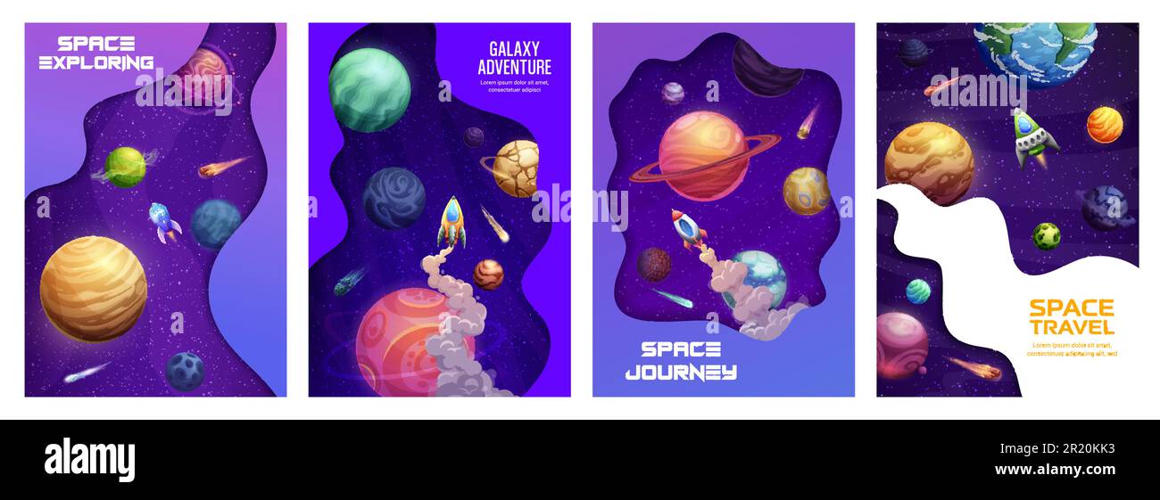 Space landing page. Starry galaxy, planets and rocket spaceship ...