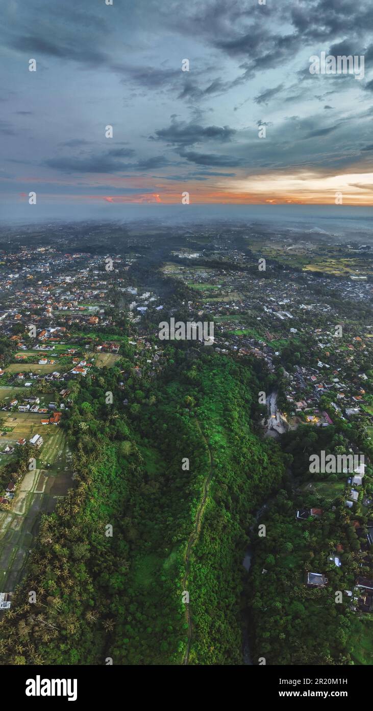 Drone view of Bali. Sunset view above Ubud. Campuhan Ridge Walk Stock ...