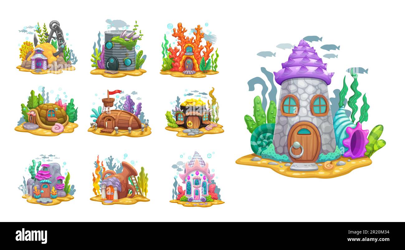 Underwater cartoon fairy house buildings for game assets, vector ...