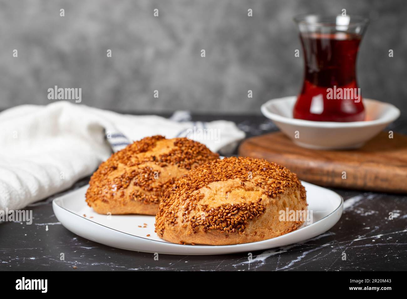 Sesame and cheese pastry on dark background. Turkish street food ...