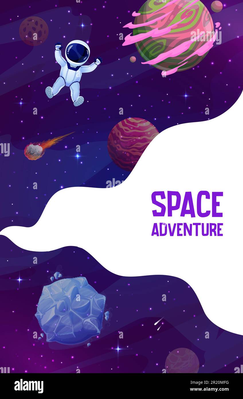 Space landing page. Cartoon astronaut in outer space vector template of ...