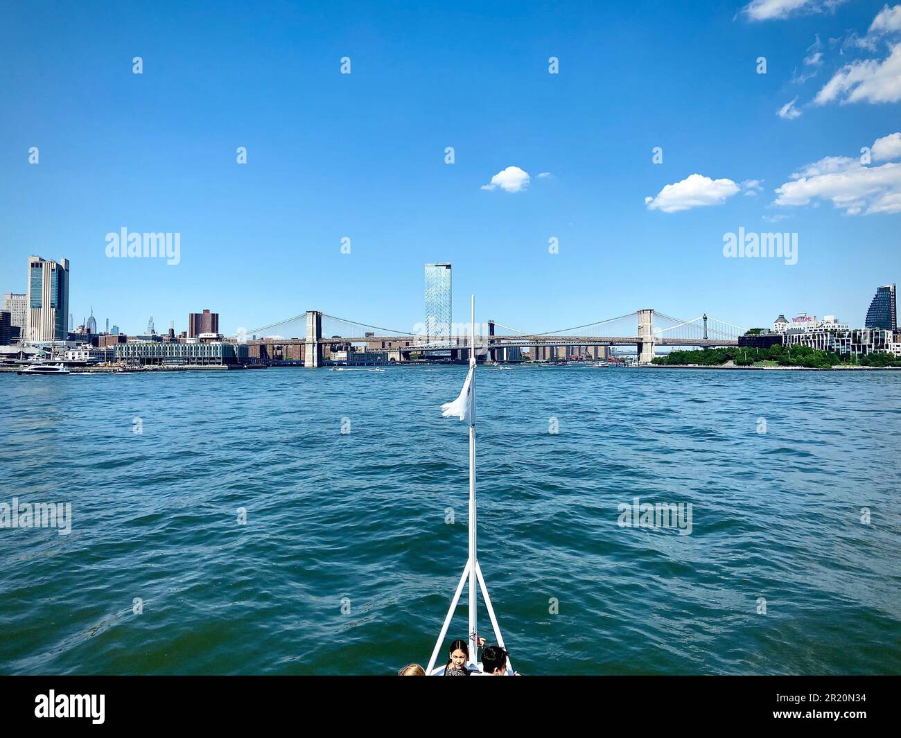 An aerial view of the iconic Brooklyn Bridge in New York City, captured ...