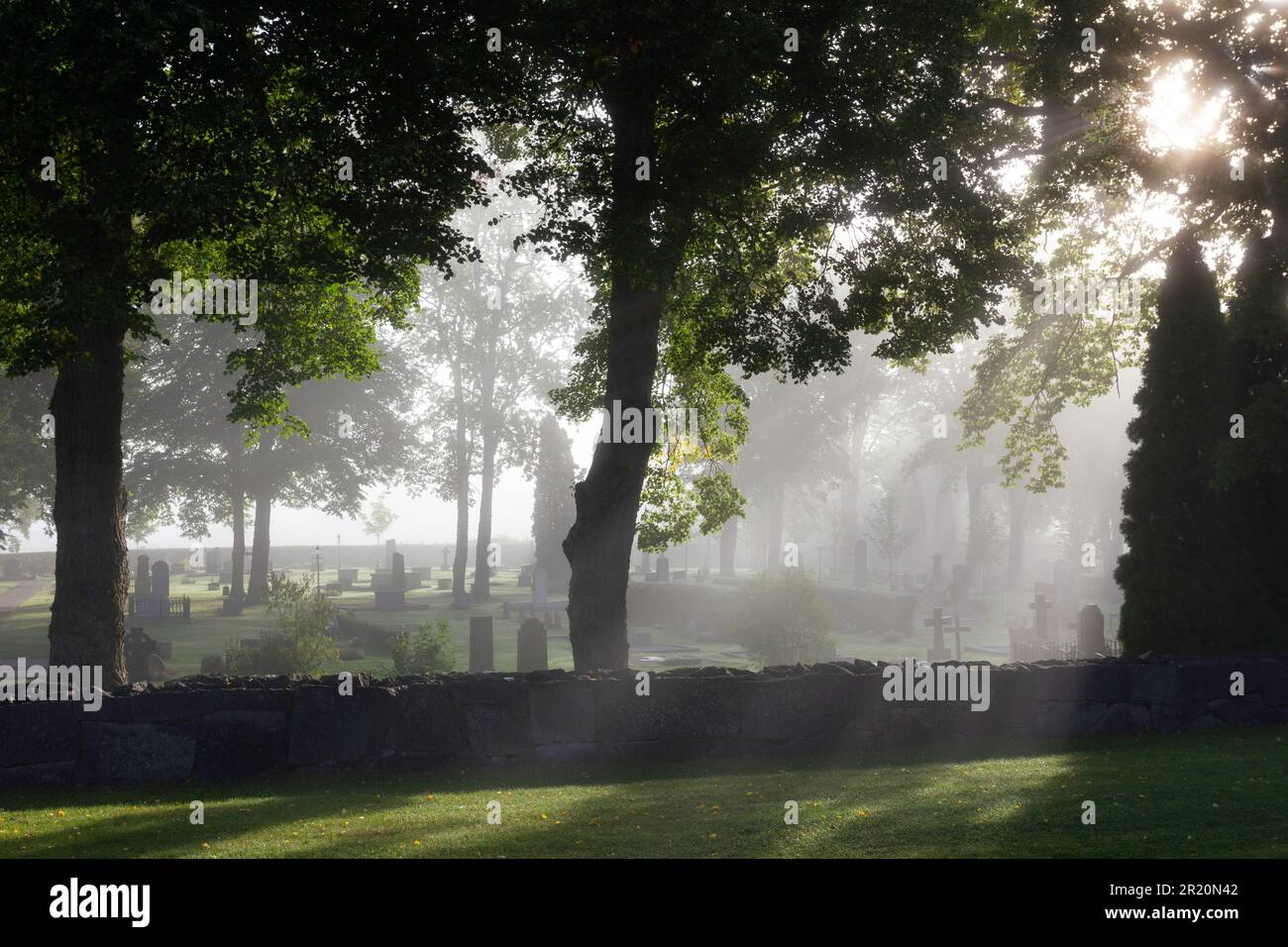 A moody, misty graveyard an early September morning Stock Photo - Alamy