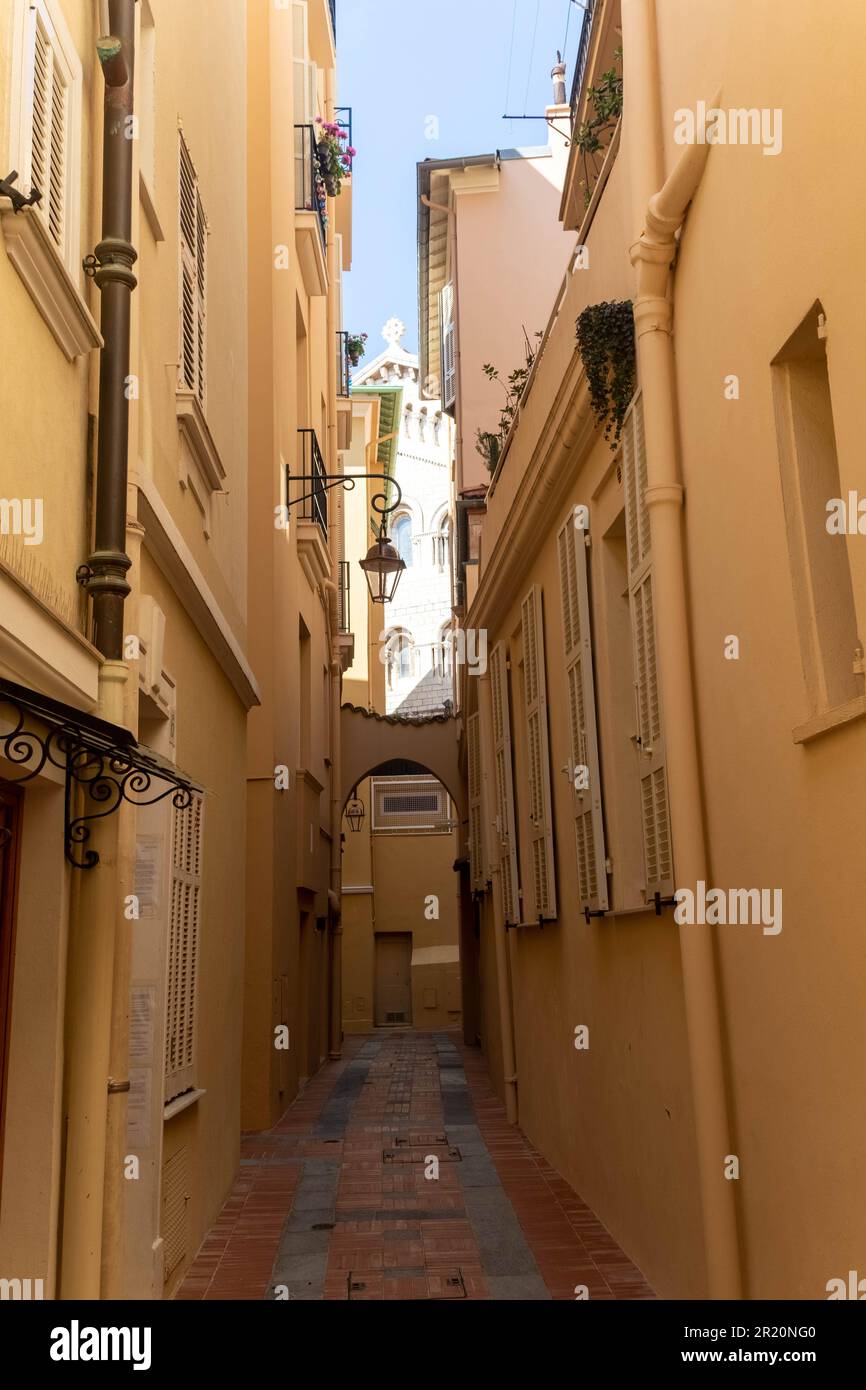 Monaco-Ville, Monaco, April 20th 2023:- A view of the narrow streets in ...