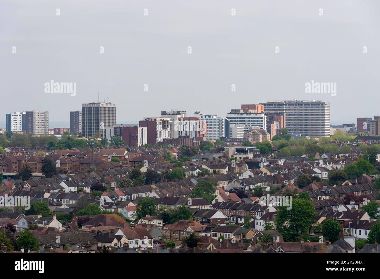 High view of Southend on Sea, Essex, UK. Residential homes and high ...