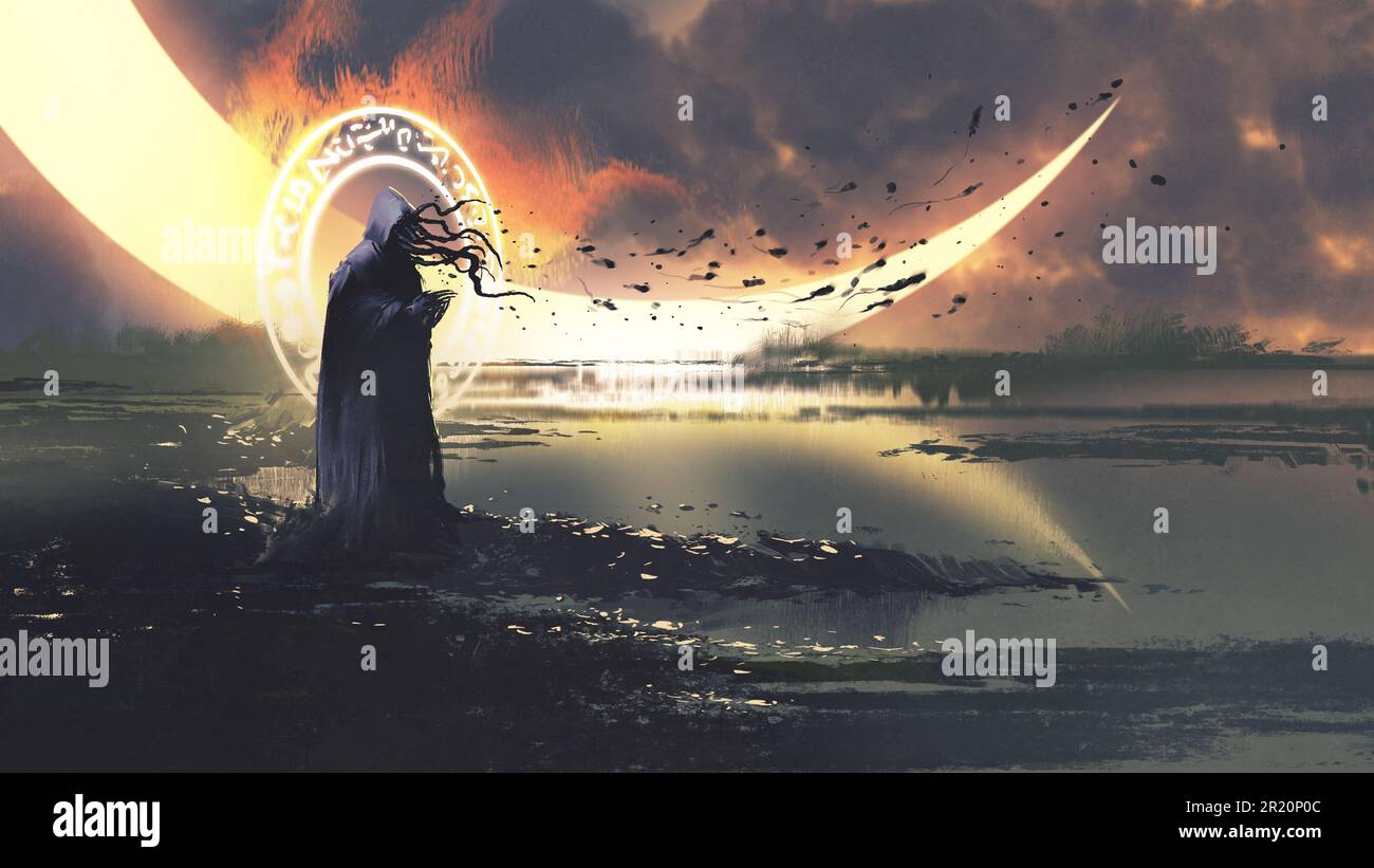 evil sorcerer casting a spell to release the black insects from his ...