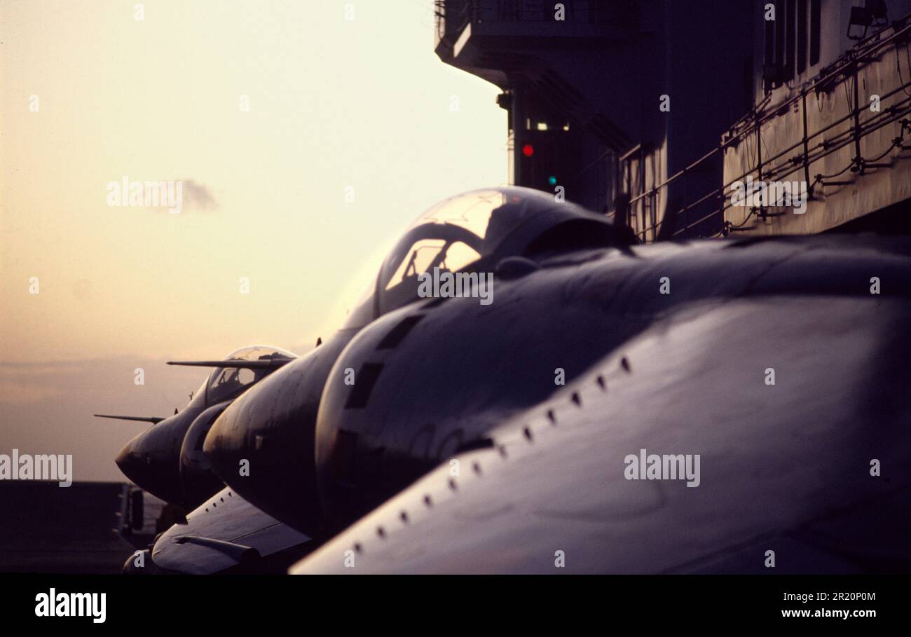 Harrier Jump Jet aircraft on the deck of the HMS Invincible, 1984 Stock ...
