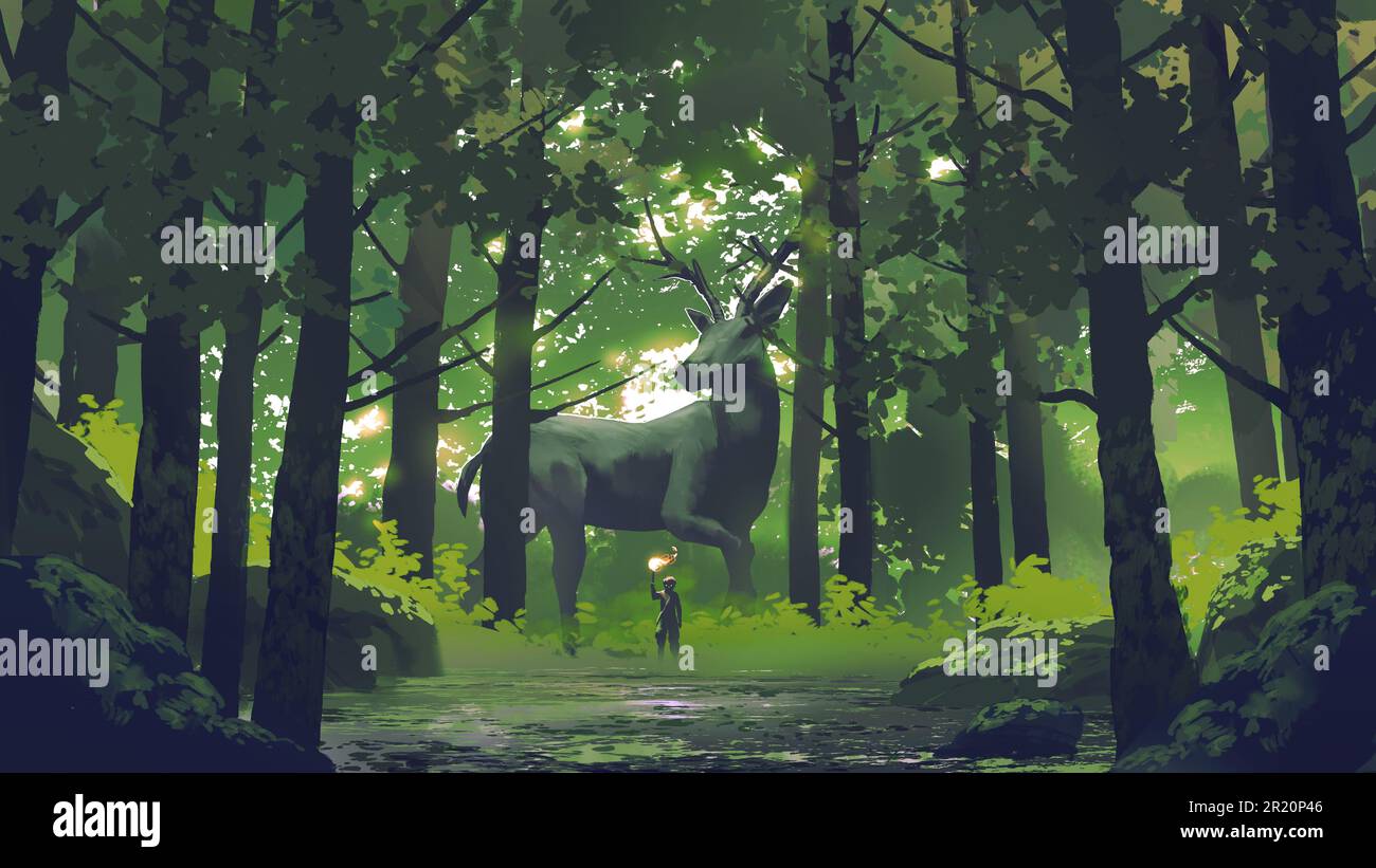 boy with a torch and his stag standing in the woods, digital art style ...
