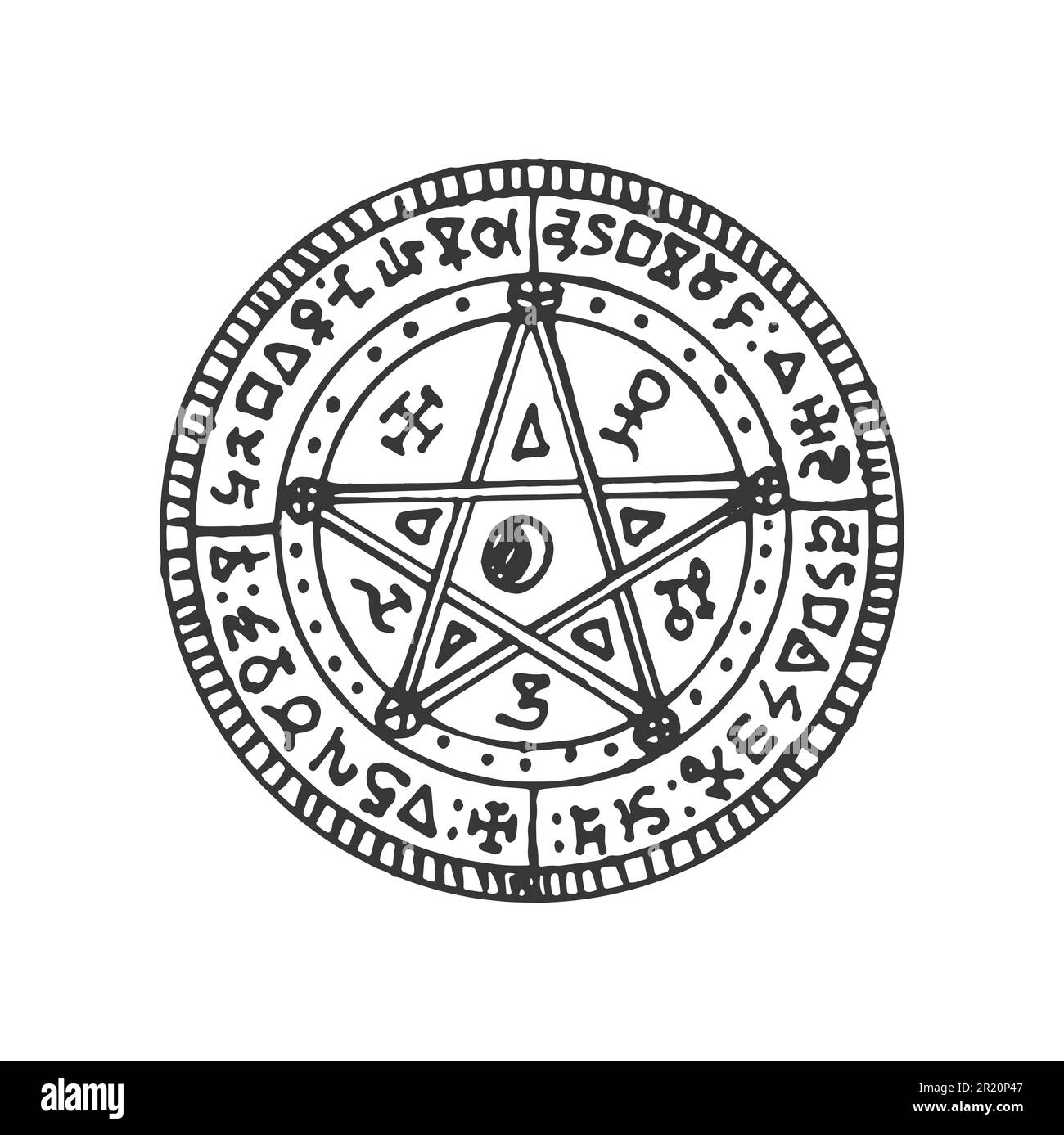 Circle magic pentagram, round ethnic amulet sketch. Vector esoteric ...