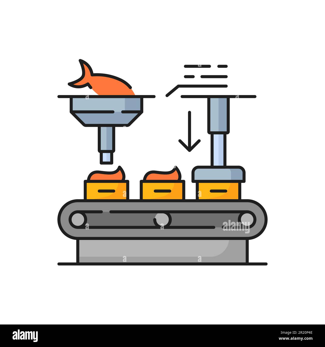 Fishing industry packaging conveyor line icon. Fish preserves ...