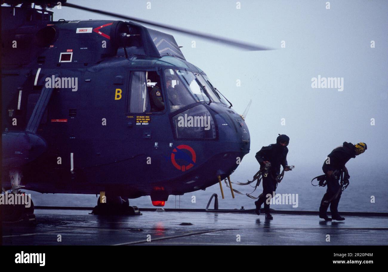 Sea King helicopter crew remove straps on deck of the HMS Invincible ...