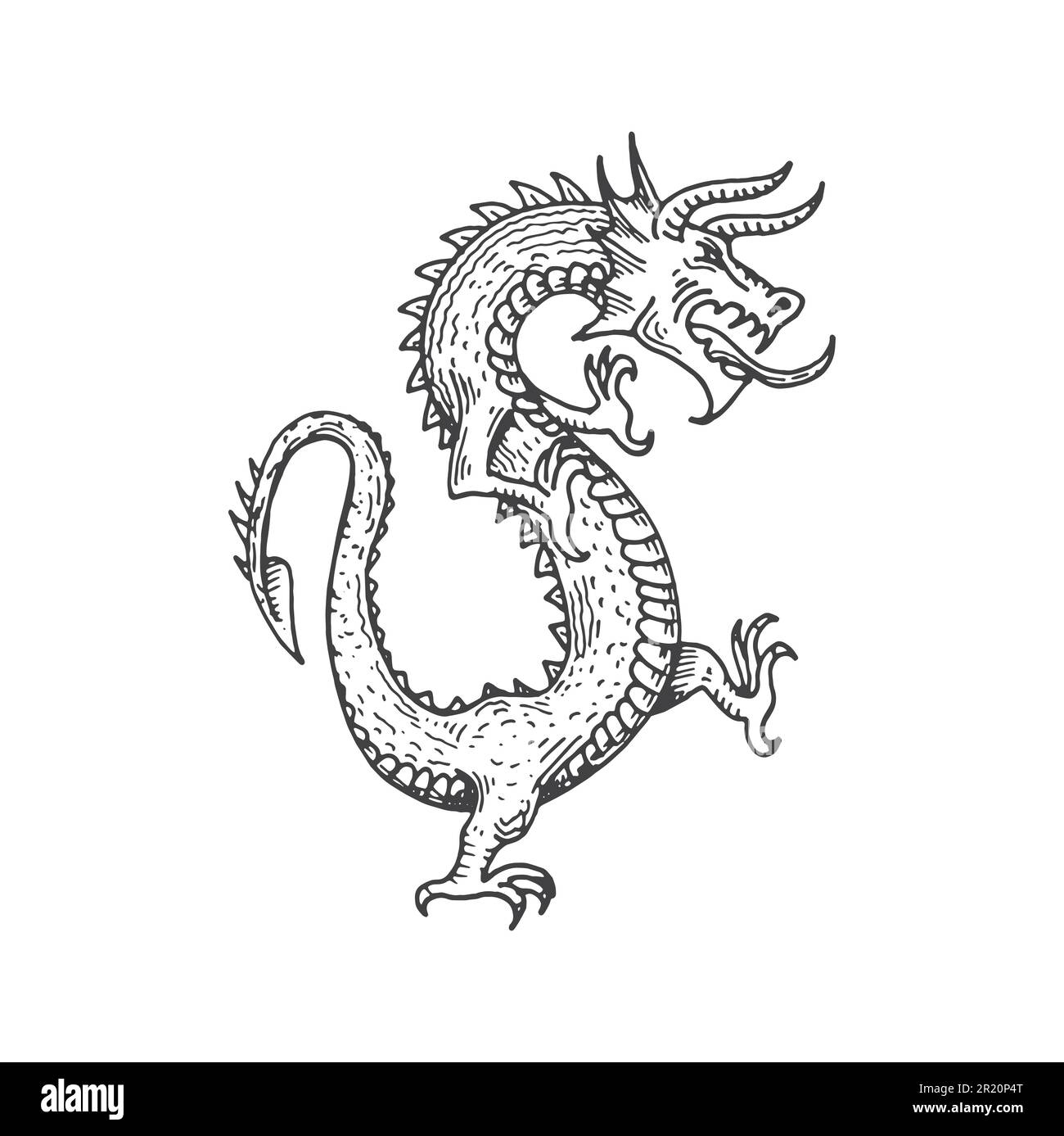 Dragon medieval heraldic animal monster sketch. Mythical horned dragon ...