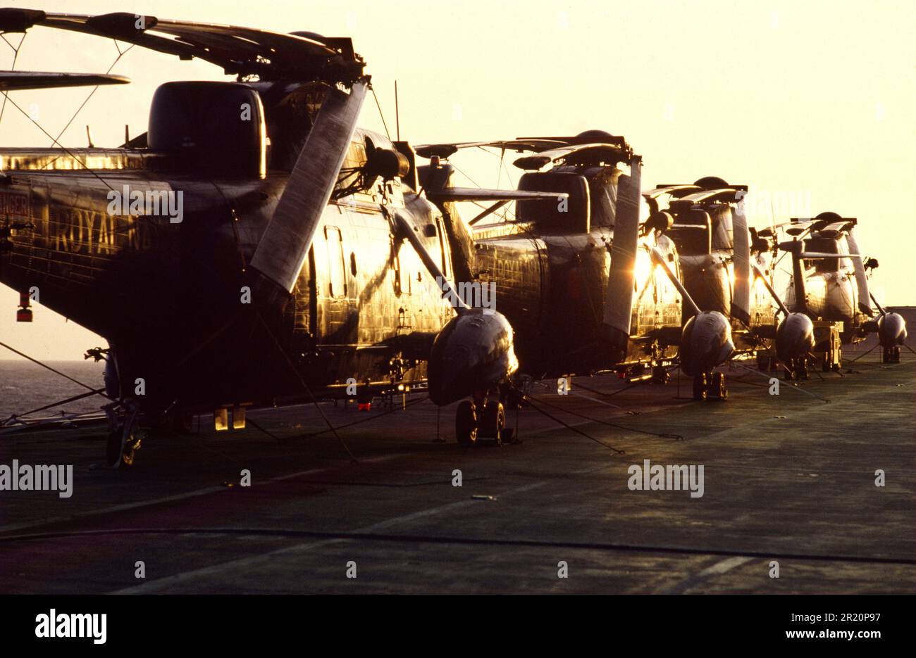 Sea King helicopters on the HMS Invincible ready for hangars, 1984 ...