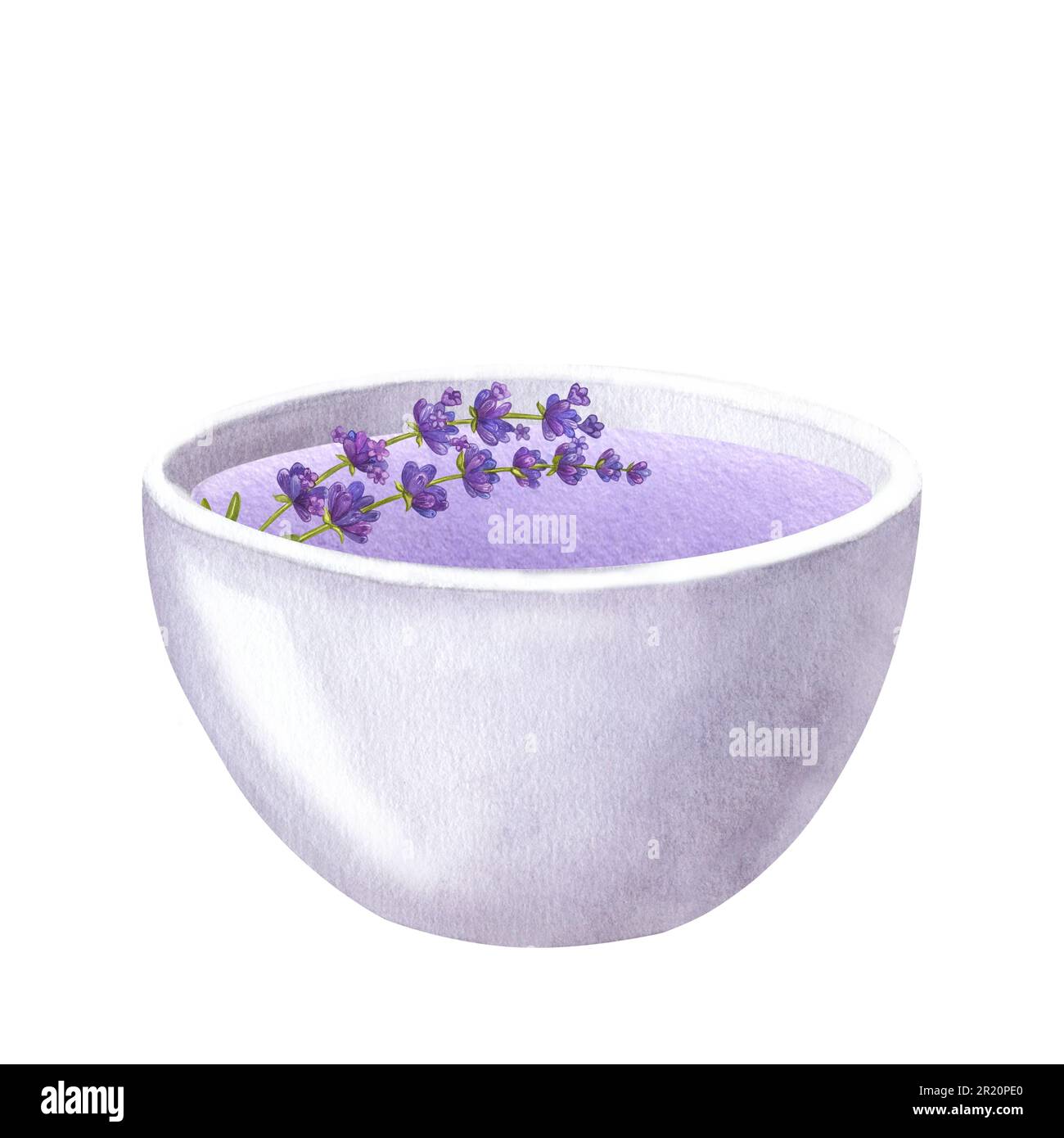 White bowl with purple water, oil, liquid lavender. Aromatherapy, spa ...