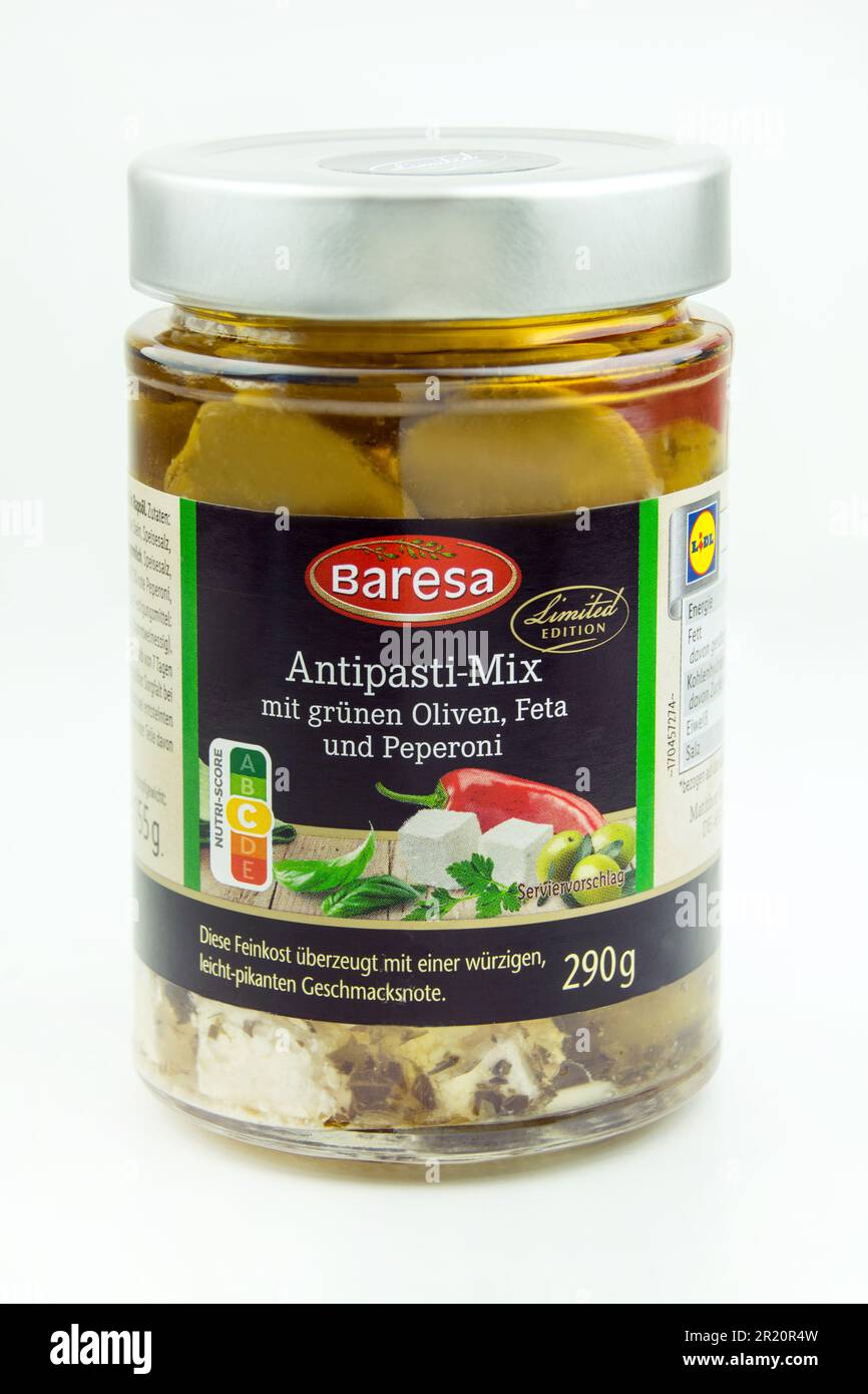 Baresa Italienische Antipasti Oliven Feta Peperoni im Glas Stock Photo ...
