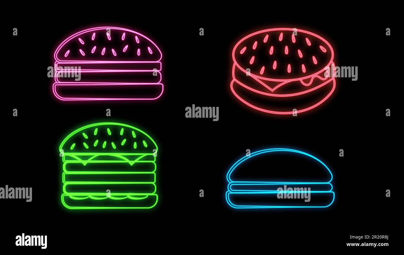 Burger cafe neon sign set. Hot burger in flame, French fries, hot dog ...