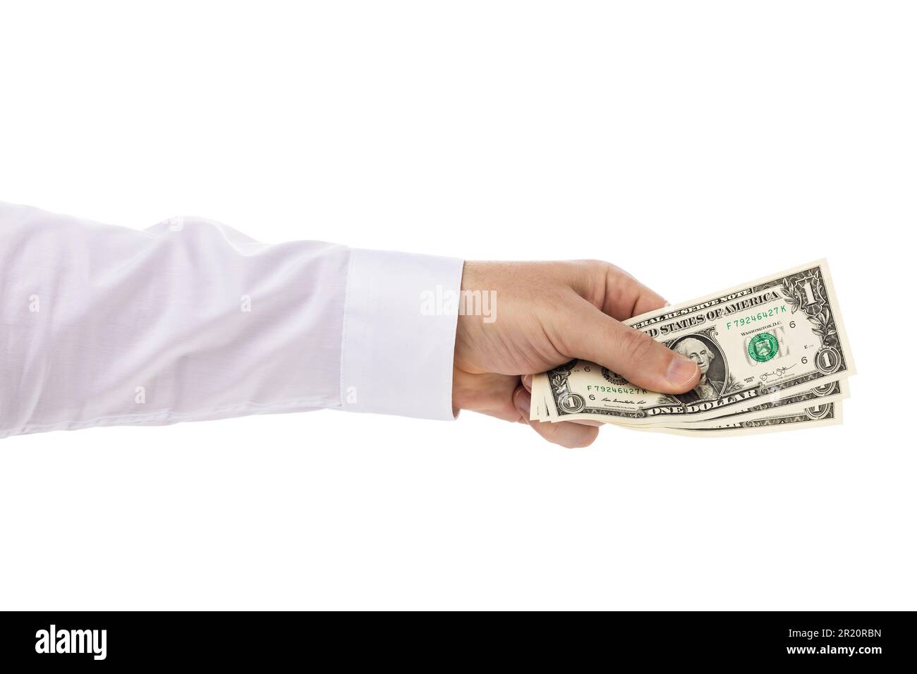 Hand holding three dollars isolated on white background, template for ...