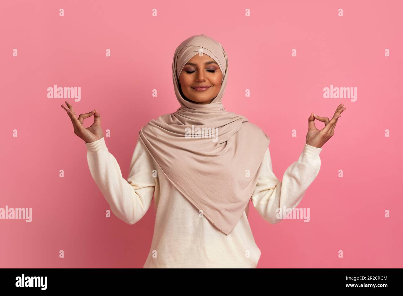Zen. Relaxed Peaceful Muslim Woman In Hijab Meditating With Closed Eyes ...