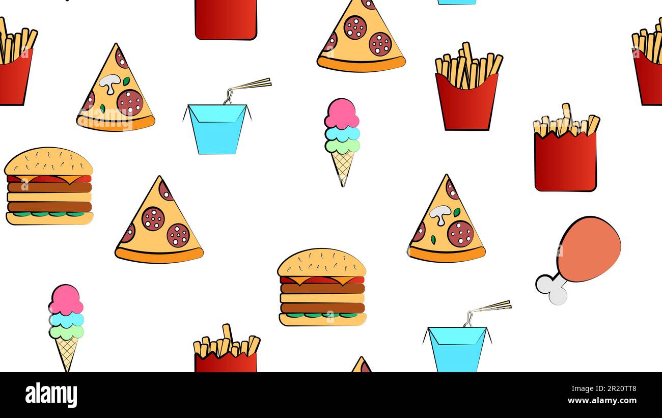 Seamless endless pattern of different delicious hearty hot fries, pizza ...