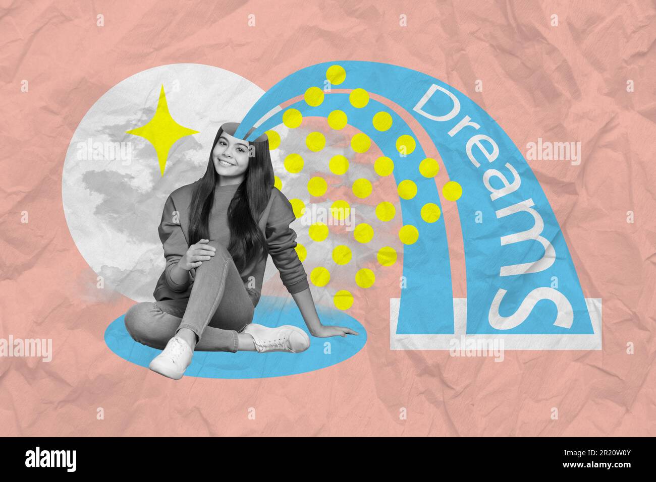 Poster magazine banner pop collage of teen student girl thinking about ...