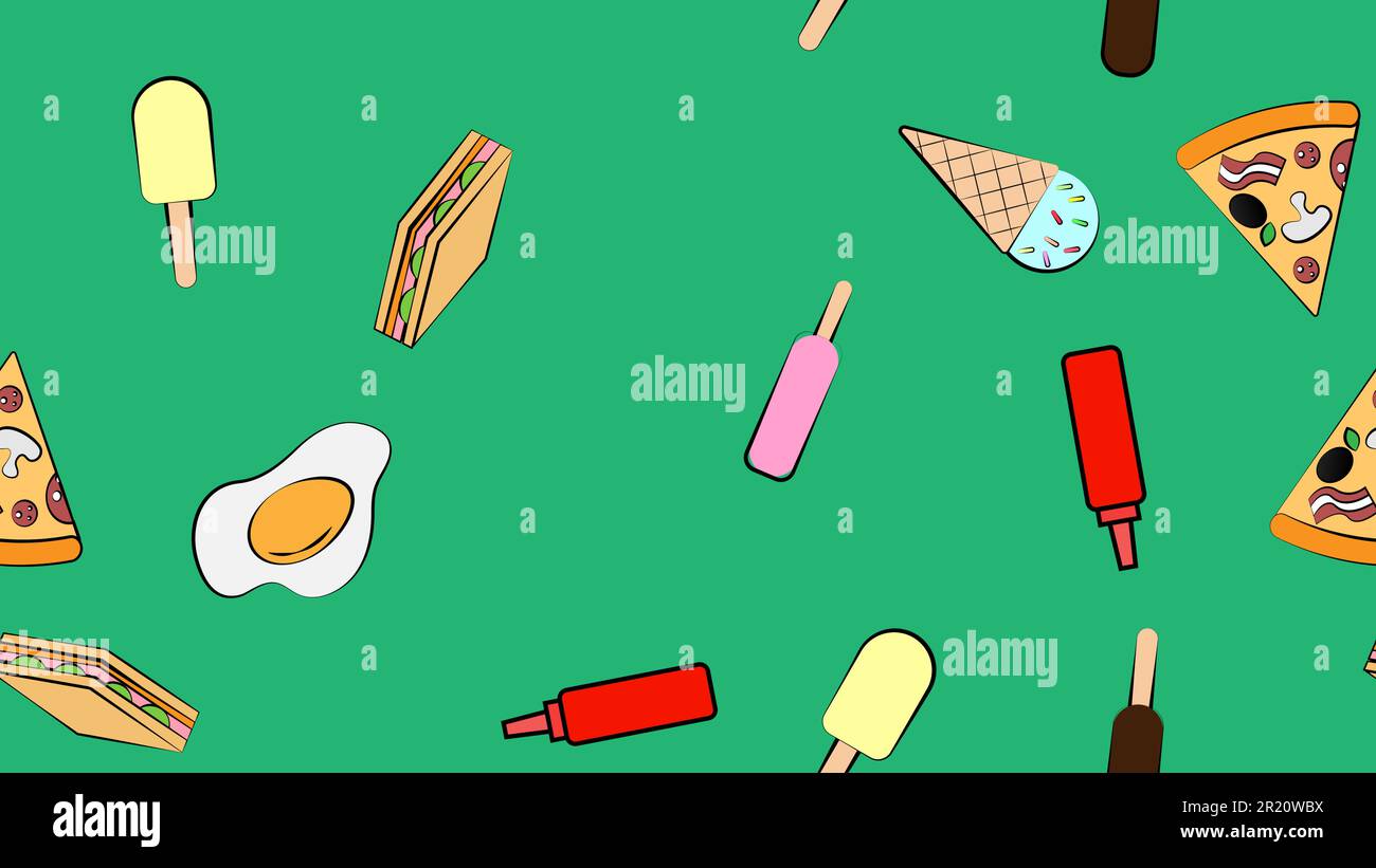 Endless green seamless pattern of delicious food and snack items icons ...