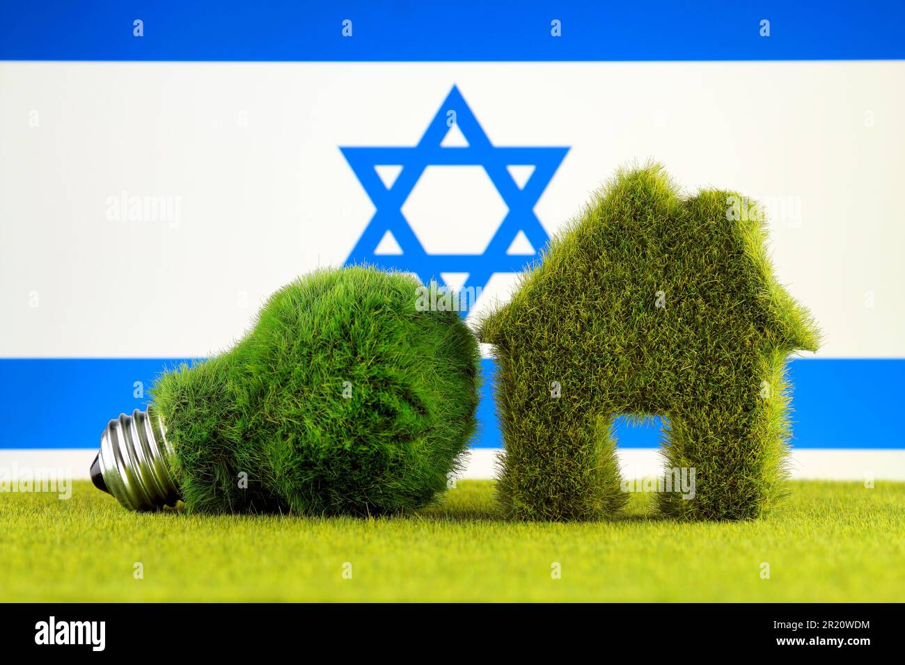 Green eco light bulb, eco house icon and Israel Flag. Renewable energy ...