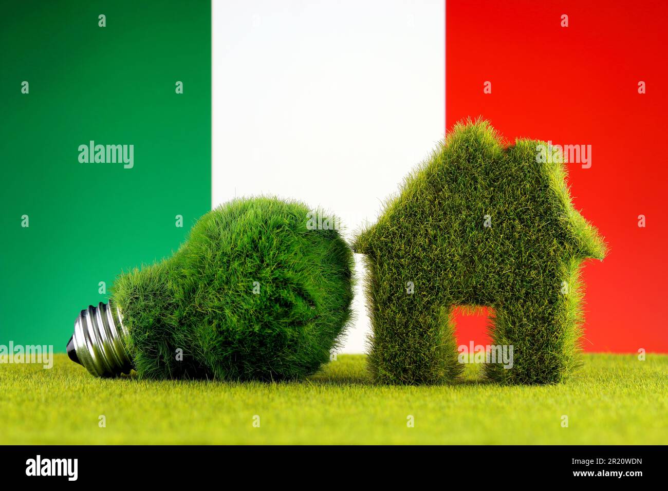 Green eco light bulb, eco house icon and Italy Flag. Renewable energy ...
