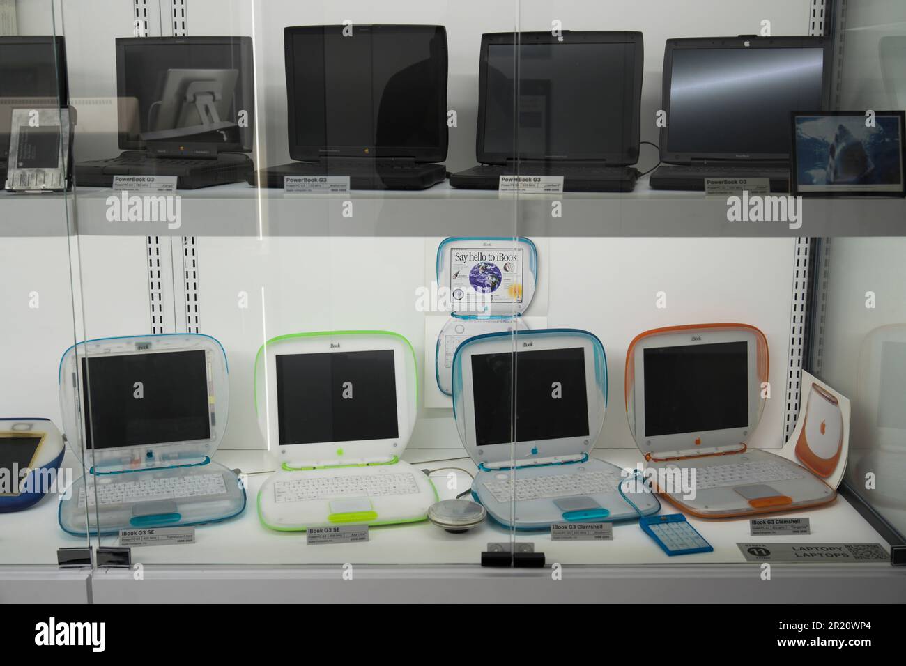 Warsaw, Poland. 16th May, 2023. Old IBook and PowerBook laptops are ...