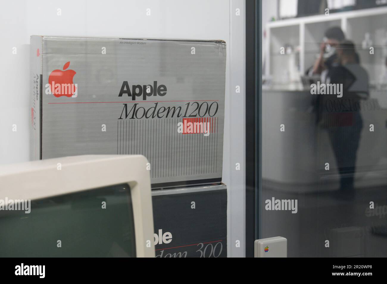 Warsaw, Poland. 16th May, 2023. Boxes for vintage Apple modems are seen ...
