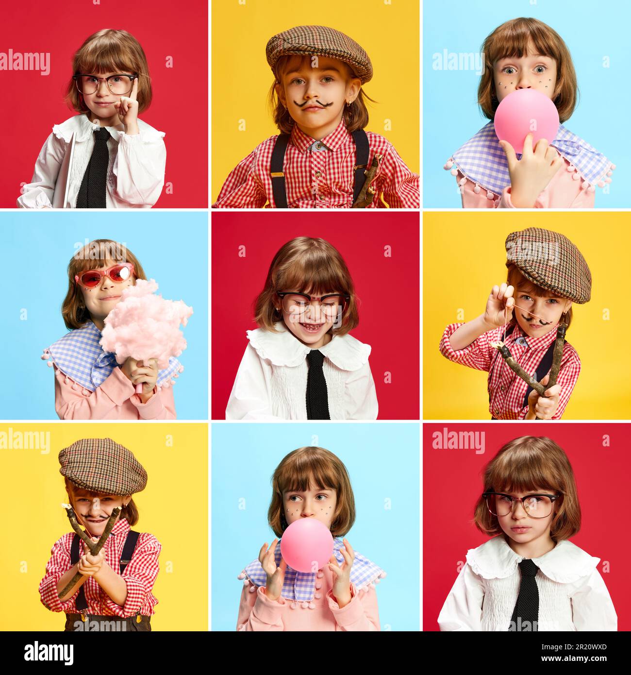 Collage made of portraits of little beautiful girl, child in different ...