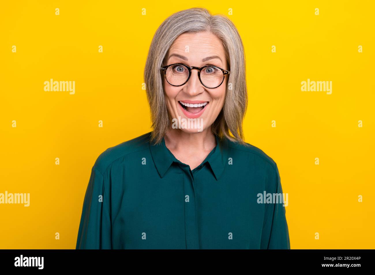 Portrait of astonished aged lady financier toothy smile open mouth ...