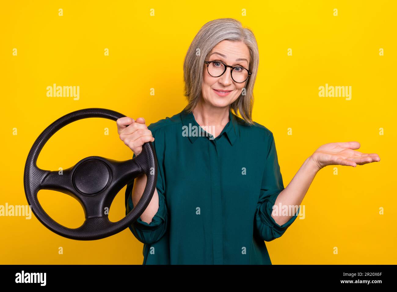 Portrait of clueless aged person shrug shoulders raise arm palm hold ...