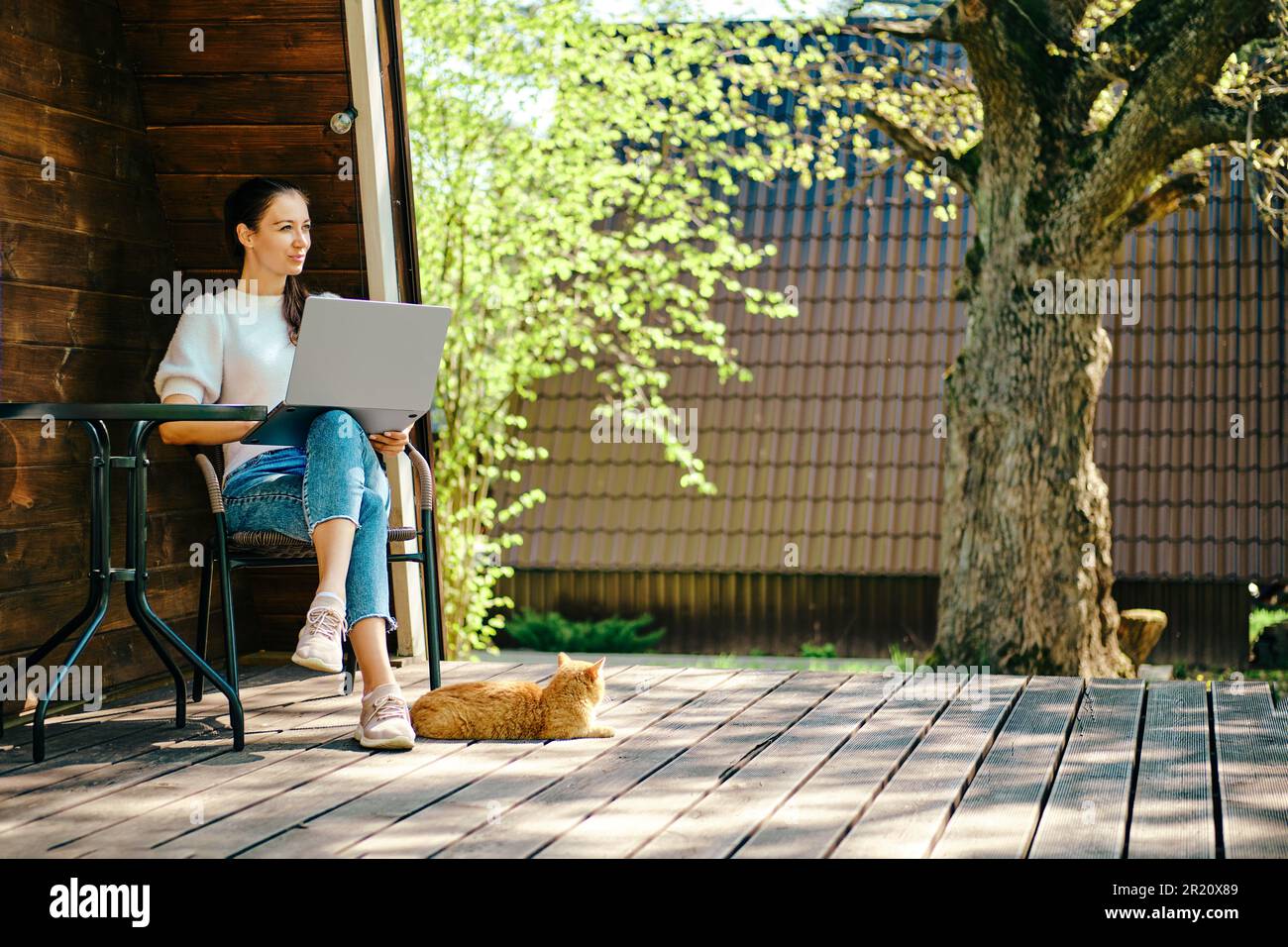 Freelancer woman rent tiny house and keep working outdoors Stock Photo ...