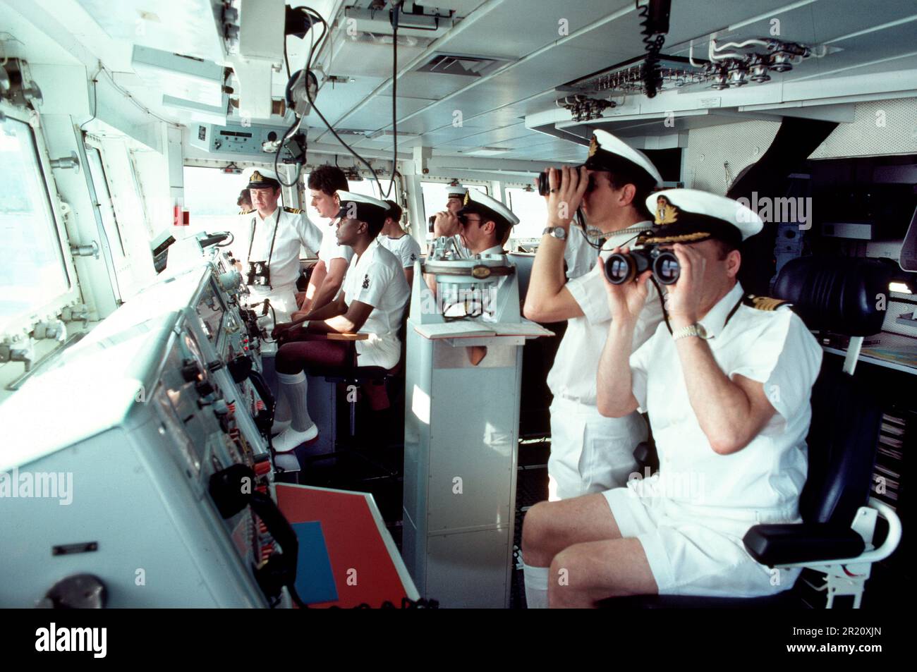 Royal Naval officers on the Bridge of the HMS Invincible, 1984 Stock ...
