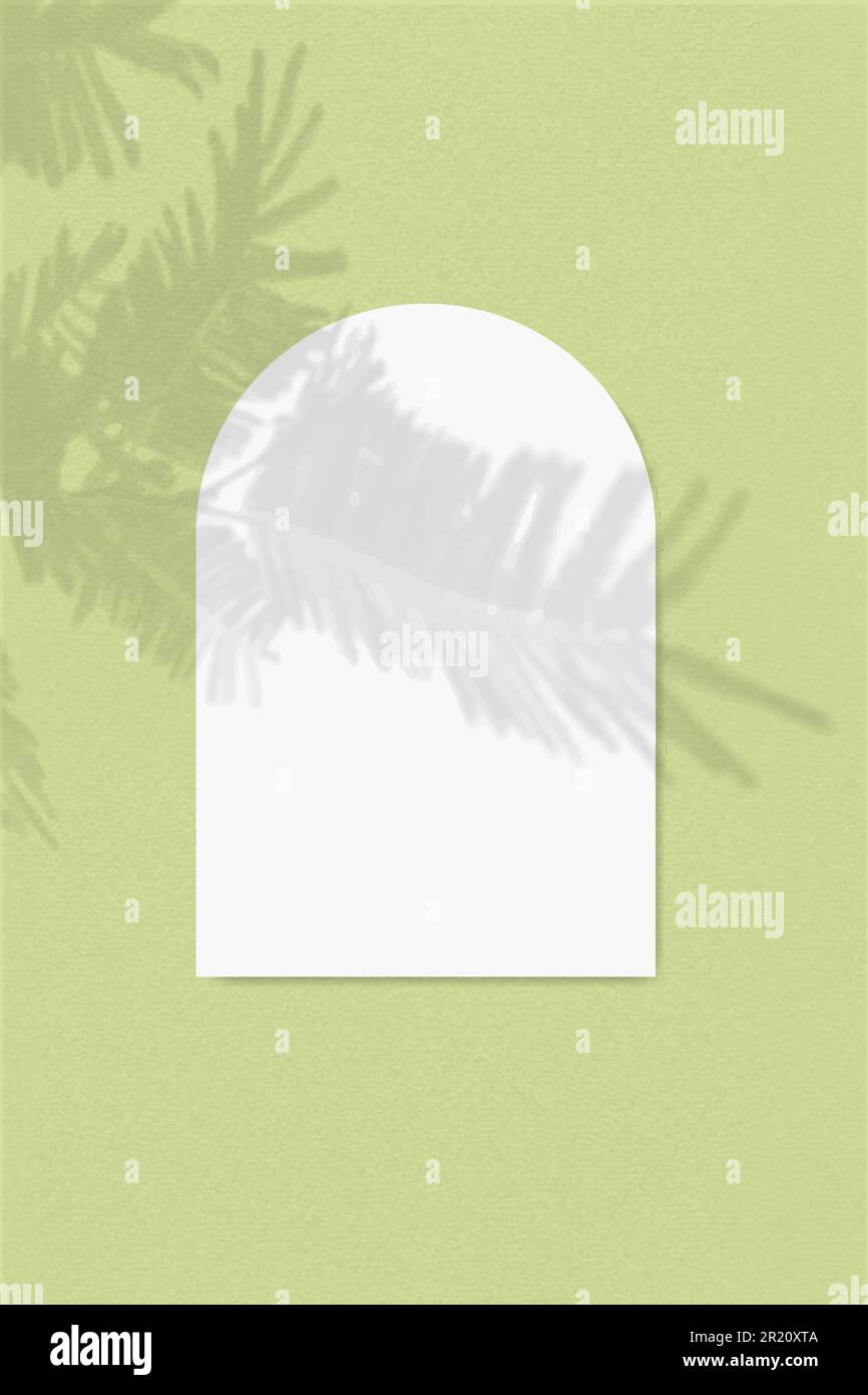 An arch-shaped sheet of white textured paper on a green wall background ...