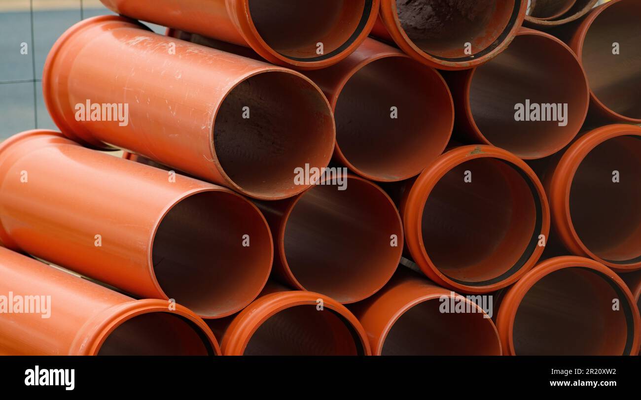 Stacked hdpe sewage pipes on construction site, selective focus Stock ...