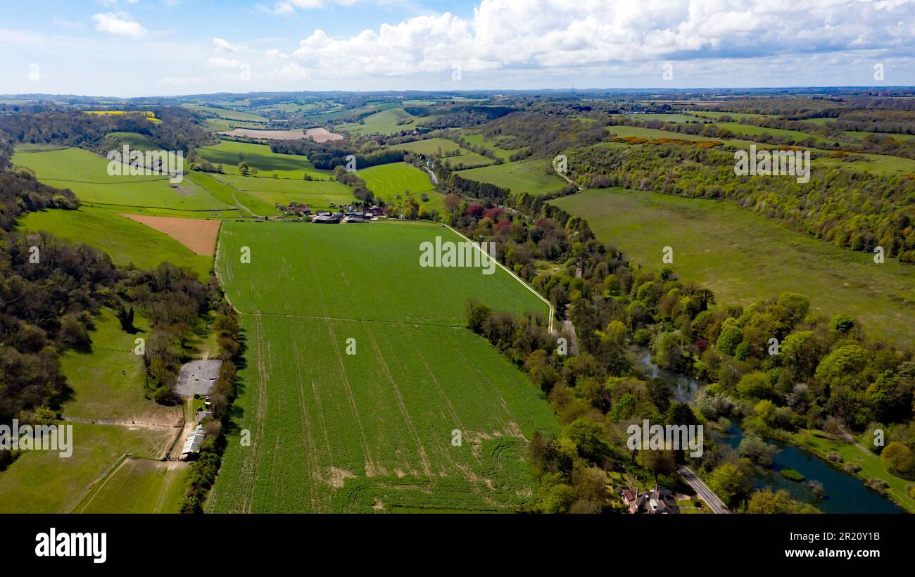 View looking up the Alkham Valley, taken from a drone flying above ...